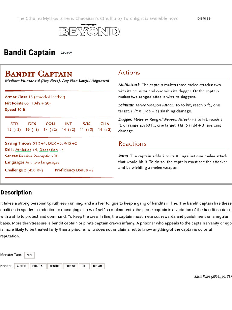 Bandit Captain Stat Block 5E | PDF