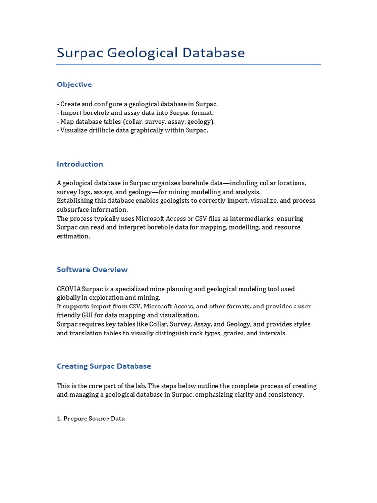 Surpac Geological Database Setup Guide | PDF | Databases | Microsoft Access