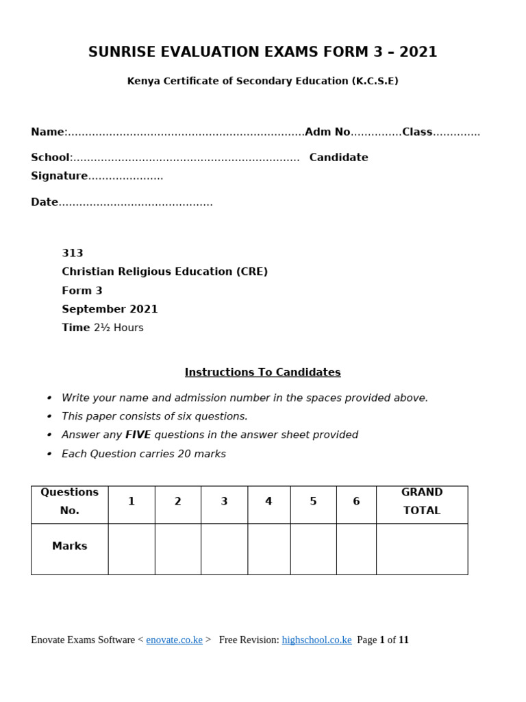 CRE Form 3 Exam Questions 2021 | PDF | Theology | Abrahamic Religions
