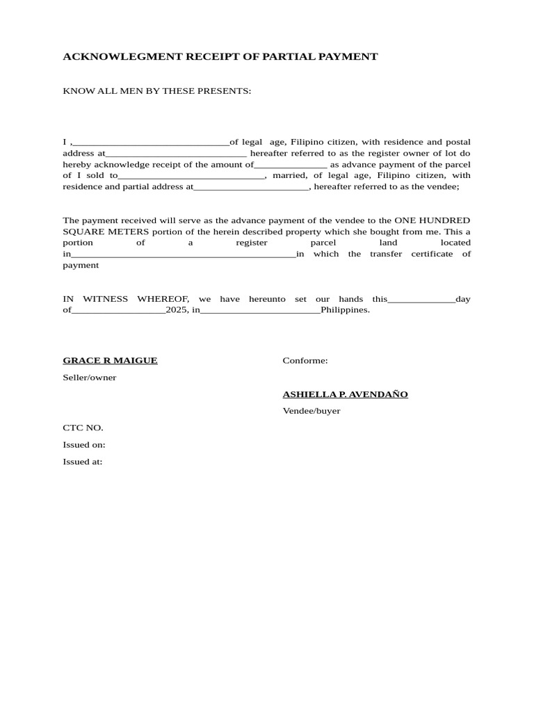 Acknowlegment Receipt of Partial Payment | PDF