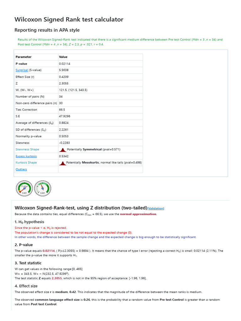 Wilcoxon Signed Rank Test Results | PDF | P Value | Outlier