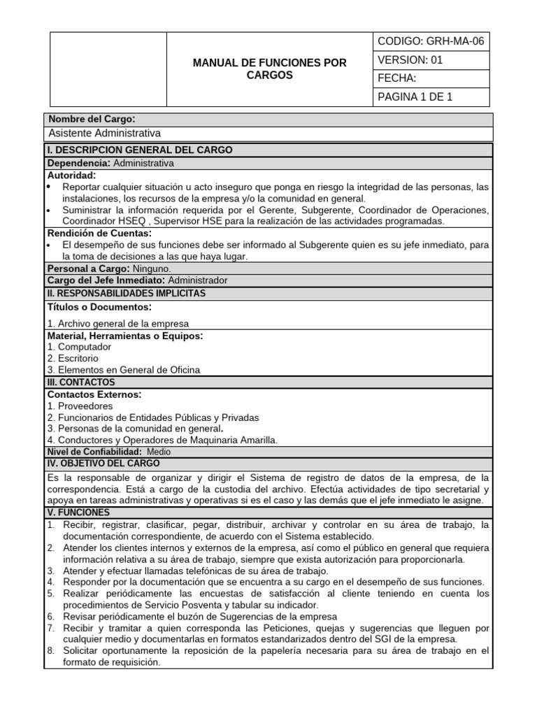 GRH-MA-06 Manual de Funciones Asistente Administrativa | PDF