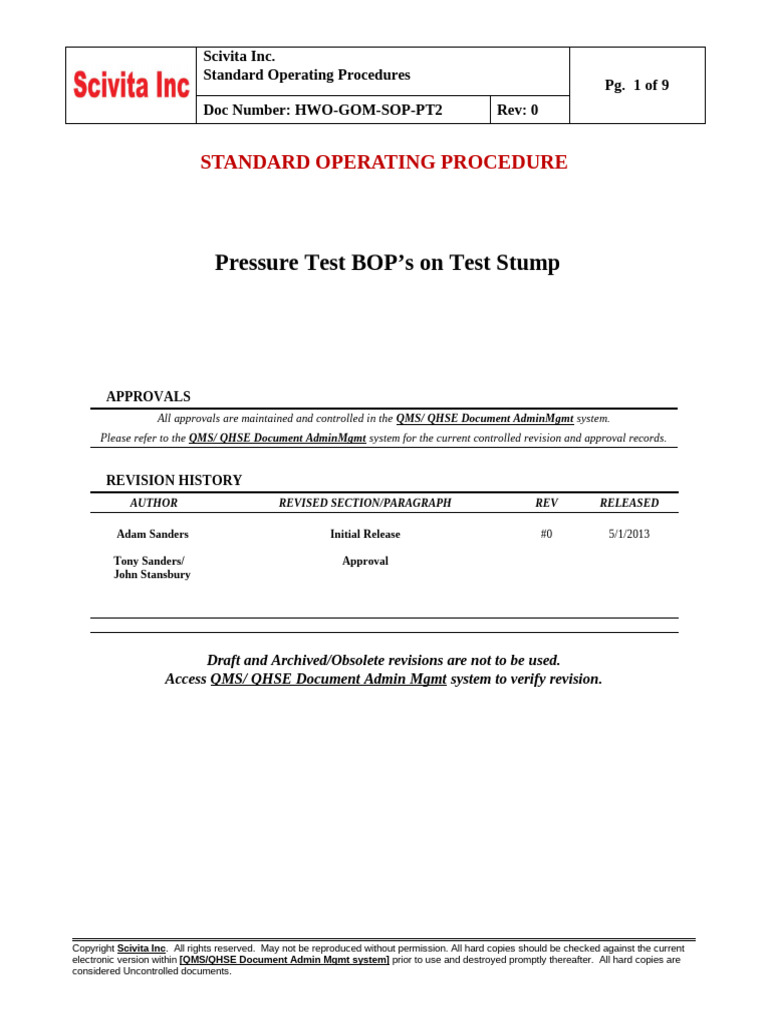 SOP Pressure Test BOP's On Stump | PDF