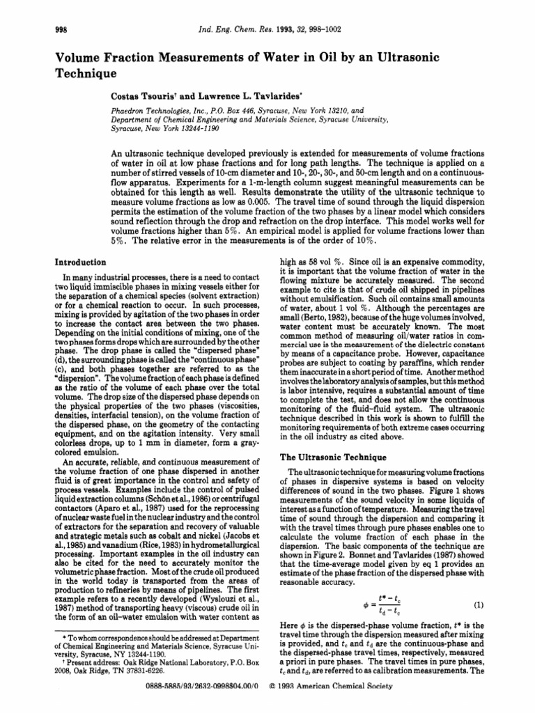 Tsouris Tavlarides 2002 Volume Fraction Measurements of Water in Oil by ...