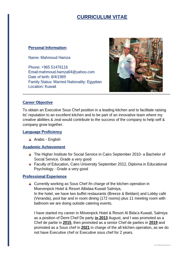 Chef Mahmoud - Curriculum Vitae | PDF | Chef