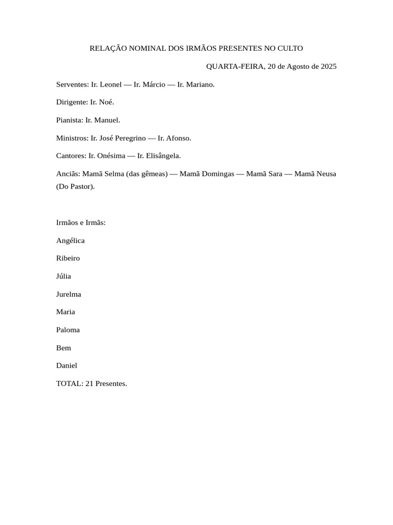 Relação Nominal Dos Irmãos Presentes | PDF