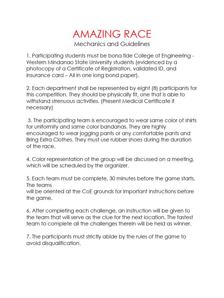 Amazing Race Mechanics and Guidelines | PDF