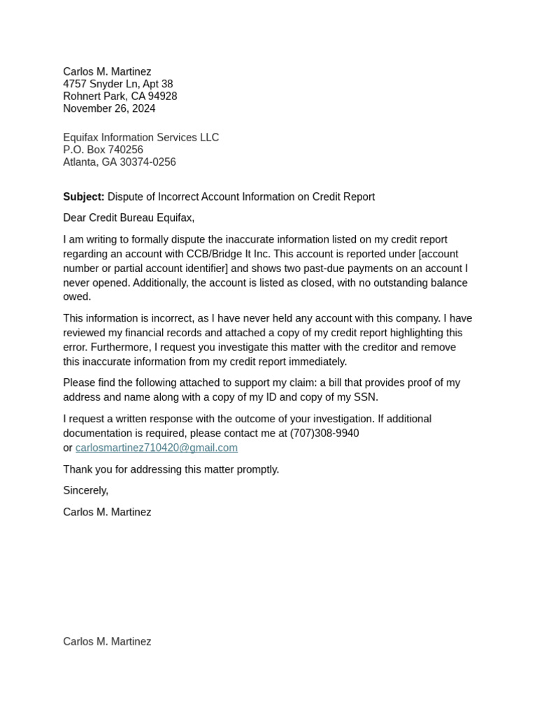 Equifax Dispute and Address Update Letter | PDF | Credit History