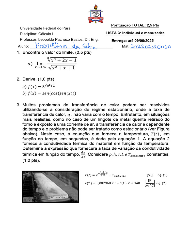 Exercícios de Cálculo I e Transferência de Calor | PDF