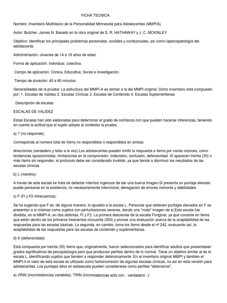 Mmpi A Ficha Técnica Y Aplicación Pdf Ansiedad Adultos