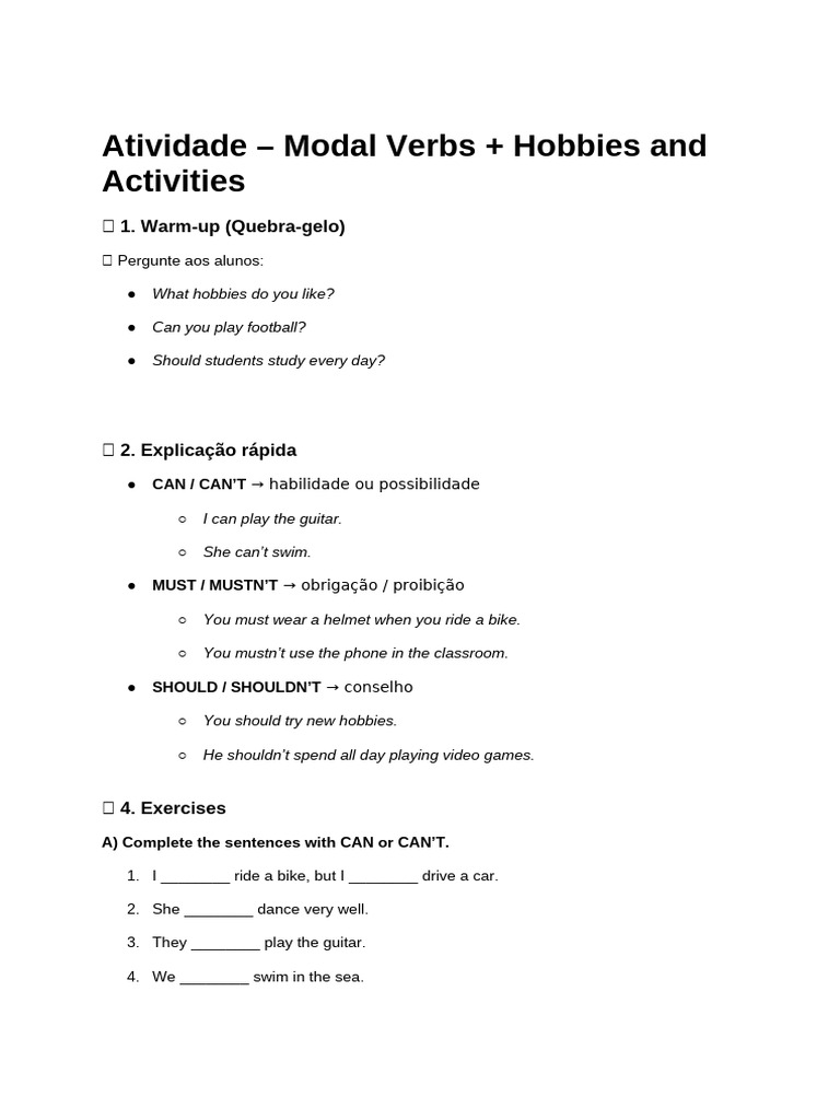 Modal Verbs in Hobbies Activity | PDF