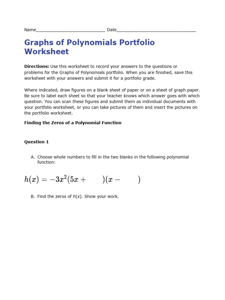 Graphs of Polynomials Portfolio Worksheet | PDF | Zero Of A Function ...