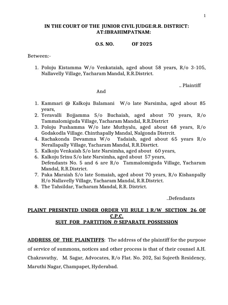 Partition Suit for Ancestral Property | PDF | Lawsuit | Affidavit