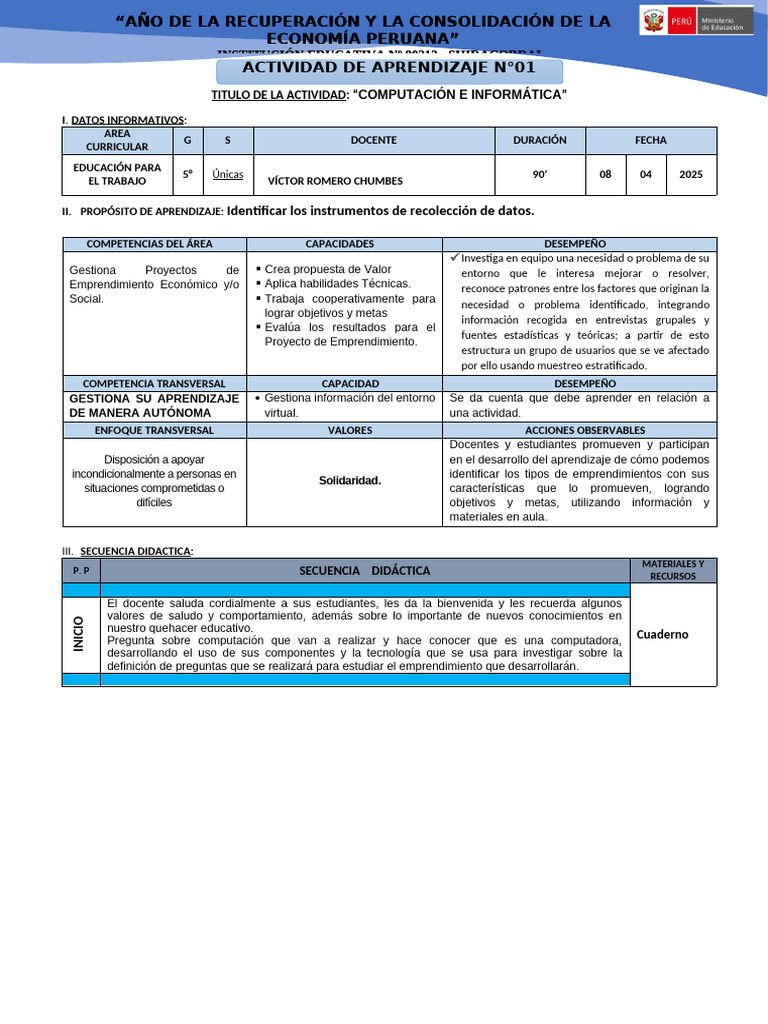 Sesion de Aprendizaje 01 - REFUERZO - EPT 5° Grado | PDF | Aprendizaje | Maestros