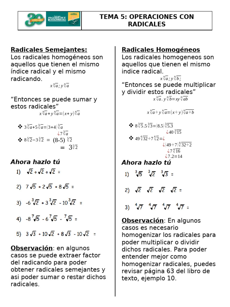 Operaciones con Radicales Semejantes | PDF | Matemáticas