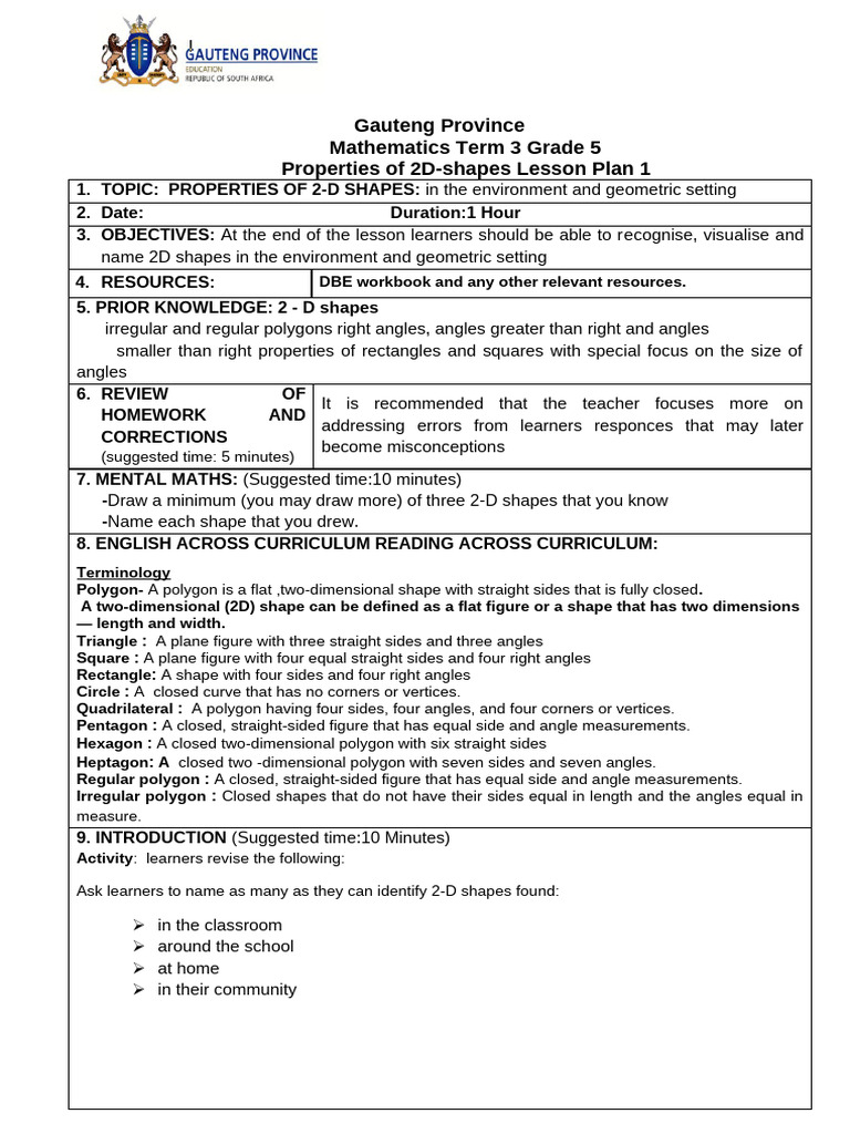 Grade 5 2D Shapes Lesson Plan | PDF | Shape | Rectangle