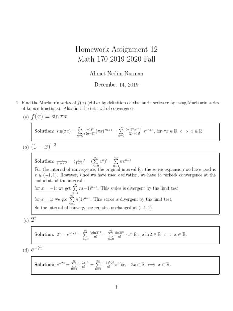 Homework 12 Solutions | PDF | Power Series | Functions And Mappings