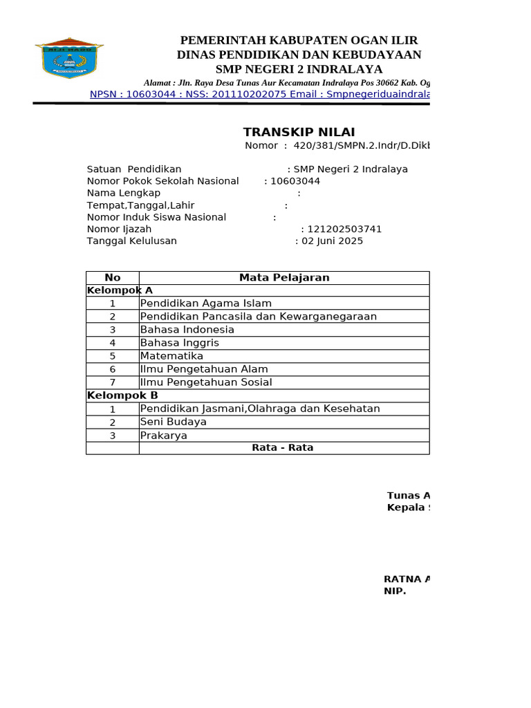 Transkip Nilai SMP Negeri 2 Indralaya | PDF