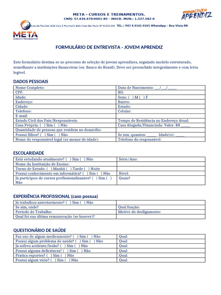Formulario Entrevista Jovem Aprendiz Banco | PDF