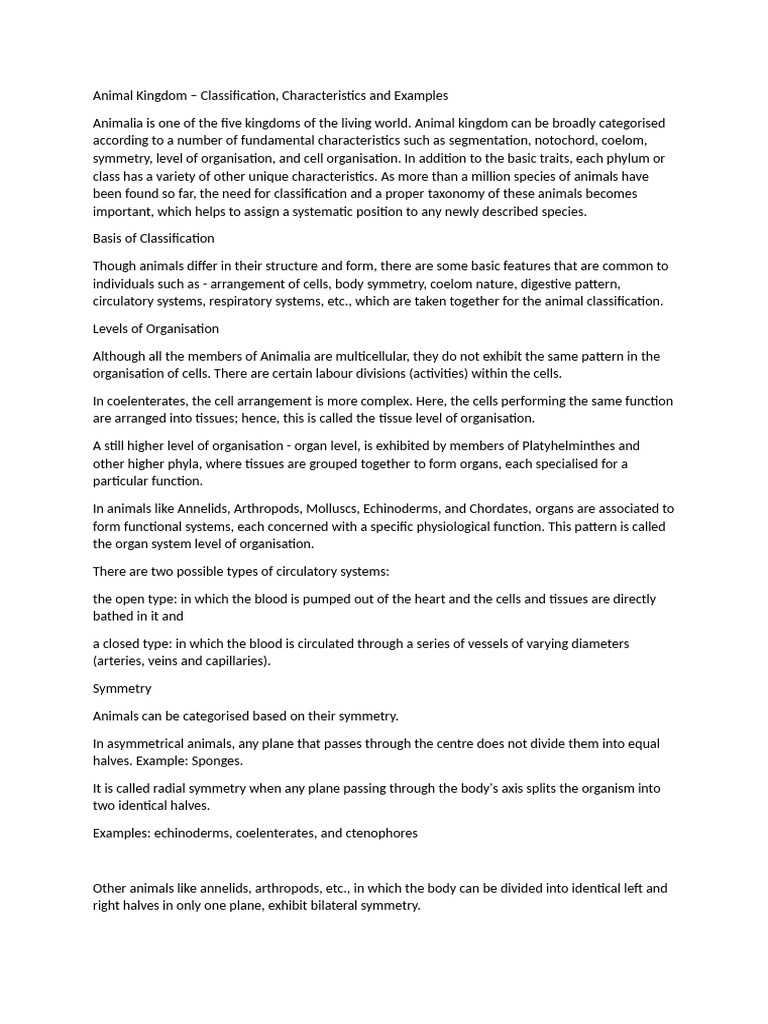 Animal Kingdom Classification Characteristics | PDF | Zoology | Biology