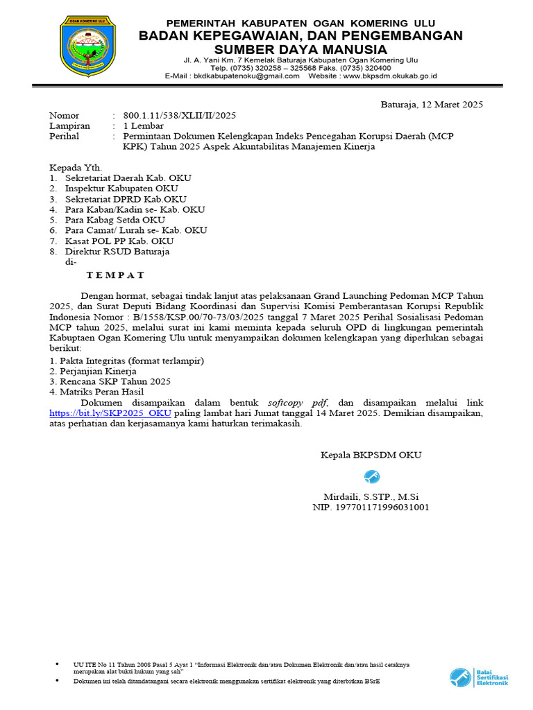 Surat Permintaan Data Akuntabilitas Asn MCP KPK - Sign | PDF