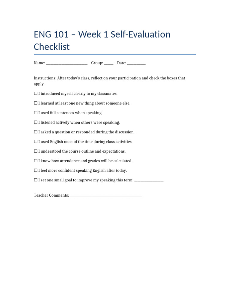 ENG101 Week1 SelfEvaluation Checklist | PDF