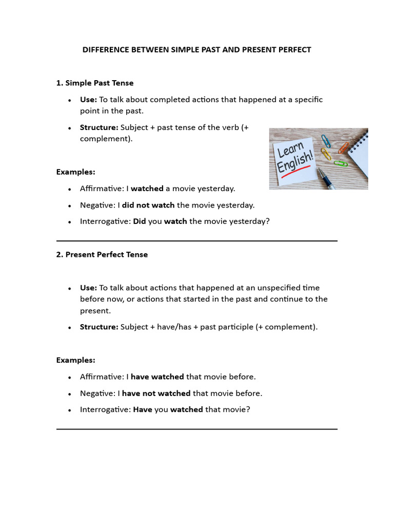 Difference Between Simple Past and Present Perfect | PDF | Grammatical Tense | Perfect (Grammar)