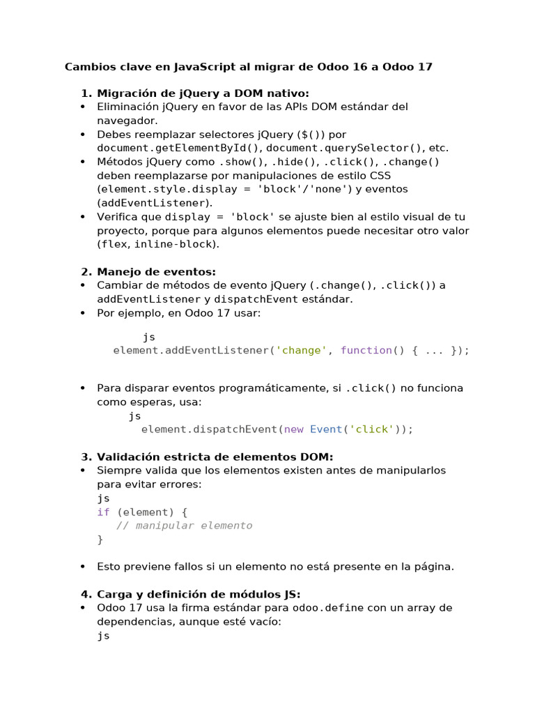 Cambios Clave en JavaScript Al Migrar de Odoo 16 a Odoo 17 | PDF | J Query | Script Java