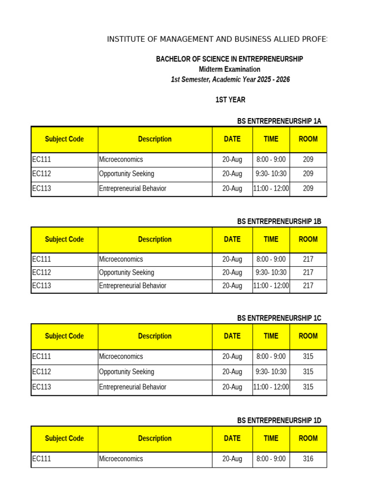 Imbap Midterm Exam Schedule 1st Semester Ay 2025 2026 2 | PDF | Entrepreneurship | Economics