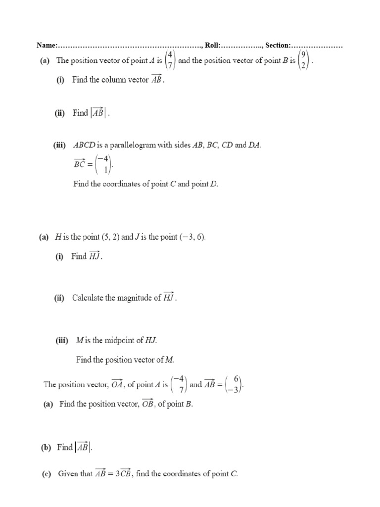Vectors Worksheet Class | PDF