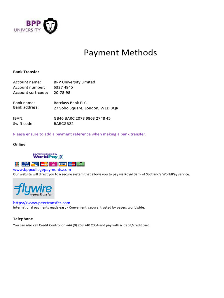 BPP University Payment Methods Guide | PDF