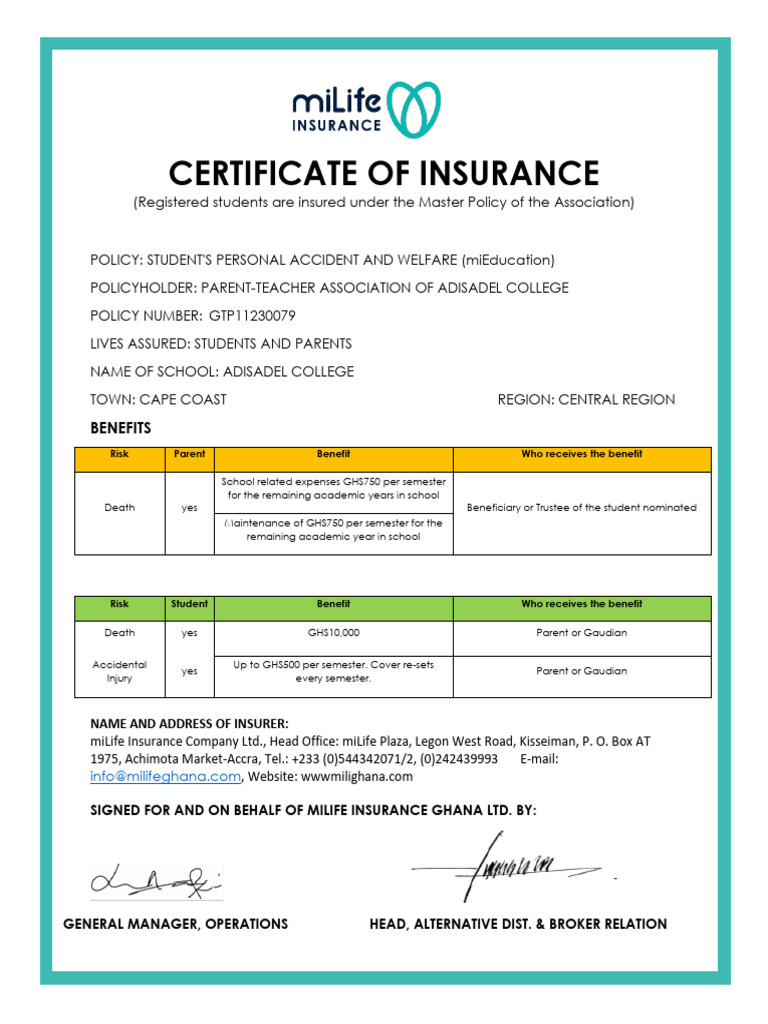 Adisadel College Student Insurance Policy | PDF