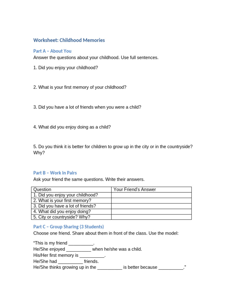 Childhood Memories Worksheet | PDF