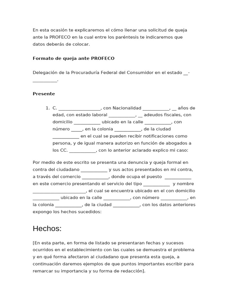 Hechos:: Formato de Queja Ante PROFECO | PDF