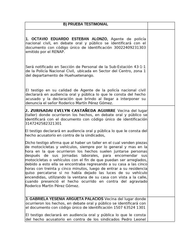 Testimonios en Caso Roderico Pérez Gómez | PDF