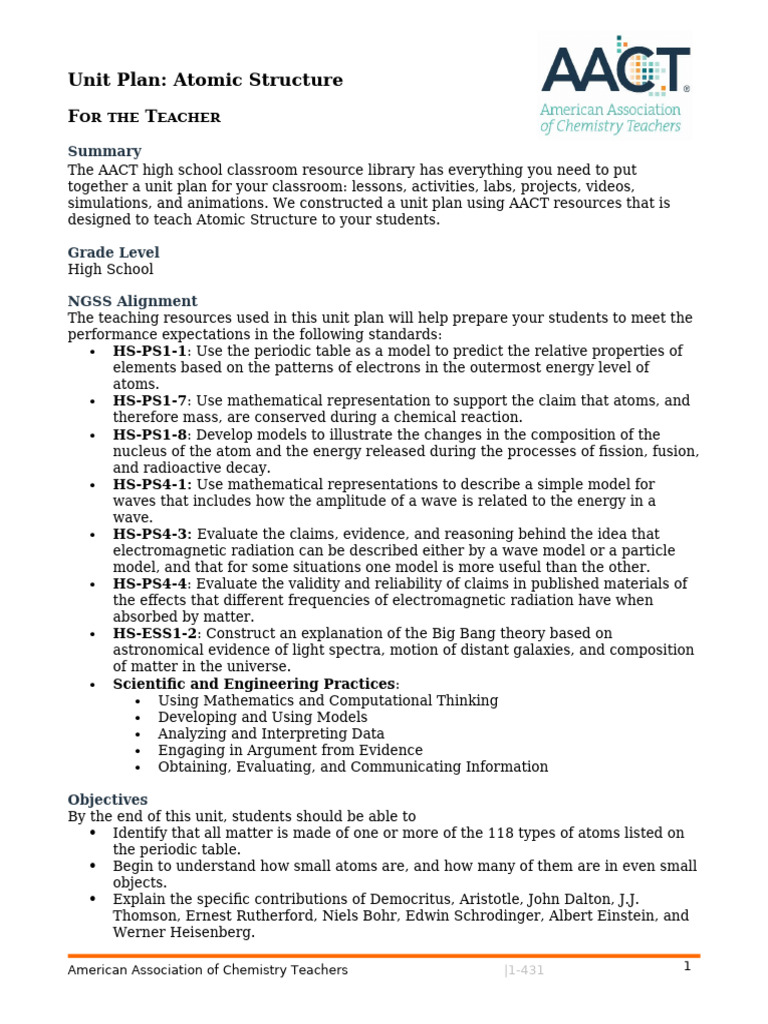 High School Atomic Structure Unit Plan | PDF | Atoms | Isotope