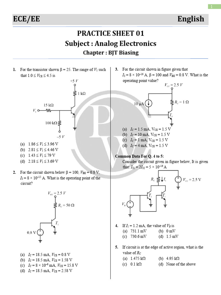 BJT Biasing Practice Sheet for ECE/EE | PDF | Amplifier | Analog Circuits