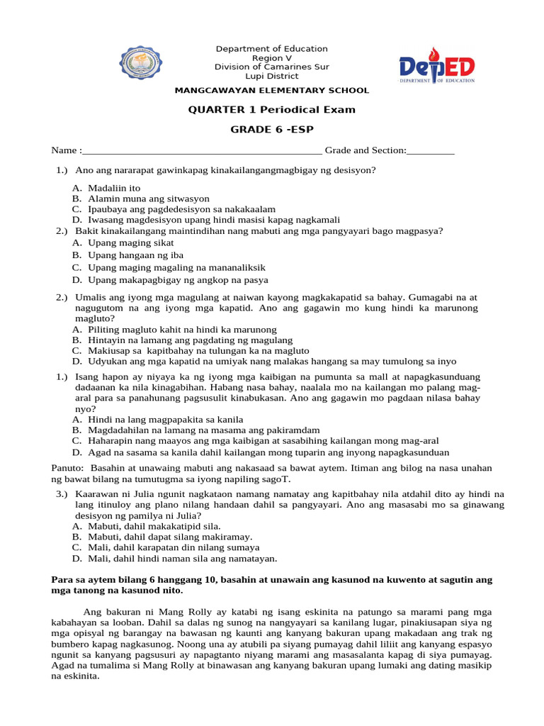 Esp Vi - Q1 Exam | PDF