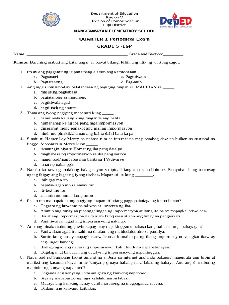 Esp V - Q1 Exam | PDF