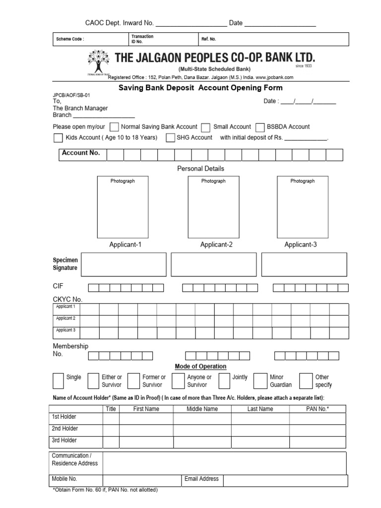 Saving Bank Deposit Account Opening Form | PDF | Banks | Cheque