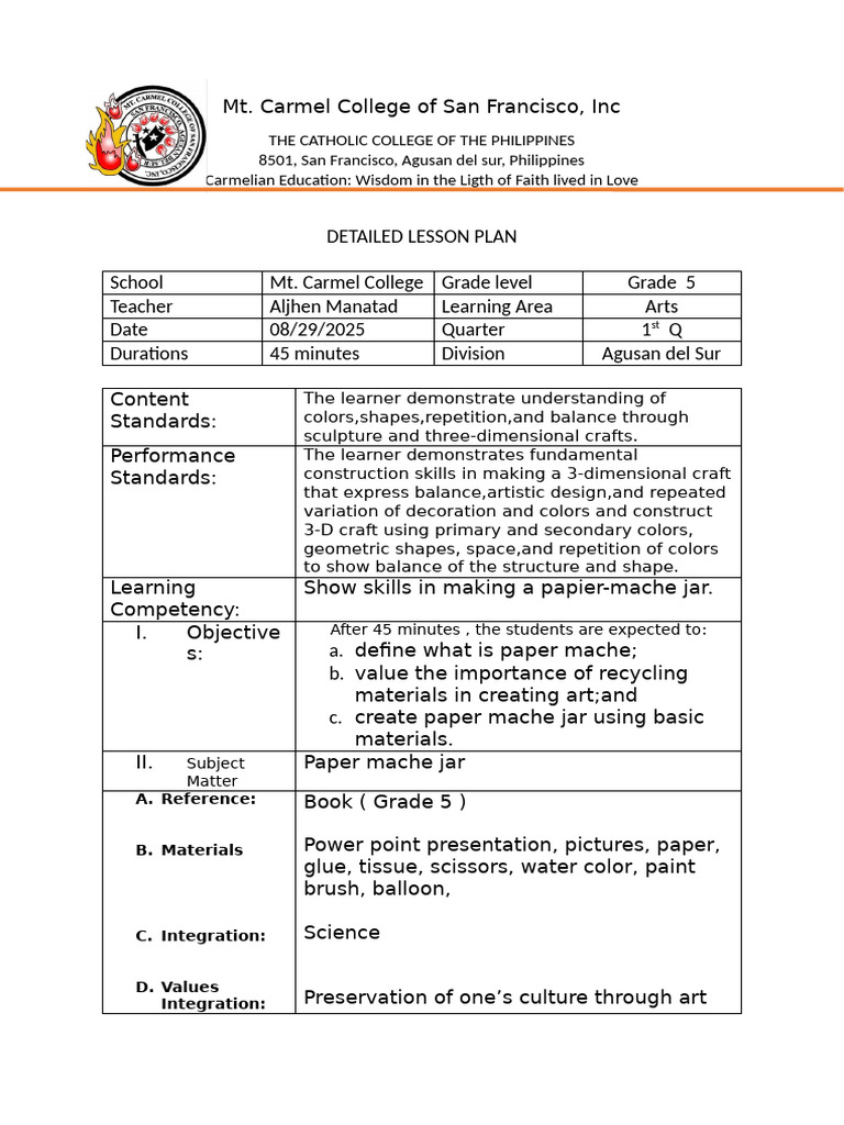 Grade 5 Paper Mache Lesson Plan | PDF | Classroom | Learning