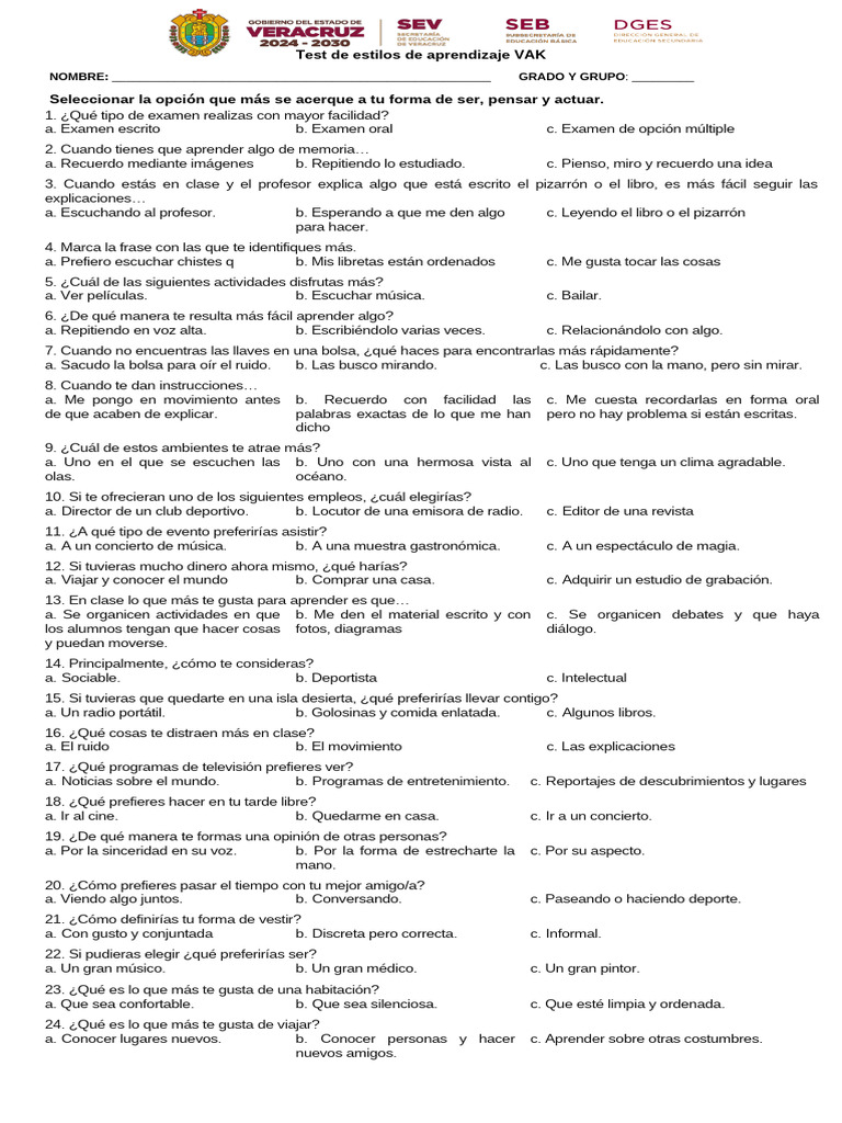 Test de Estilos de Aprendizaje VAK | PDF | Aprendizaje | Información