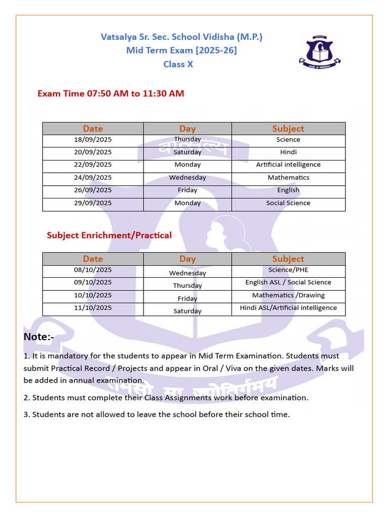Class X Mid Term Exam Time Table 2025 | PDF