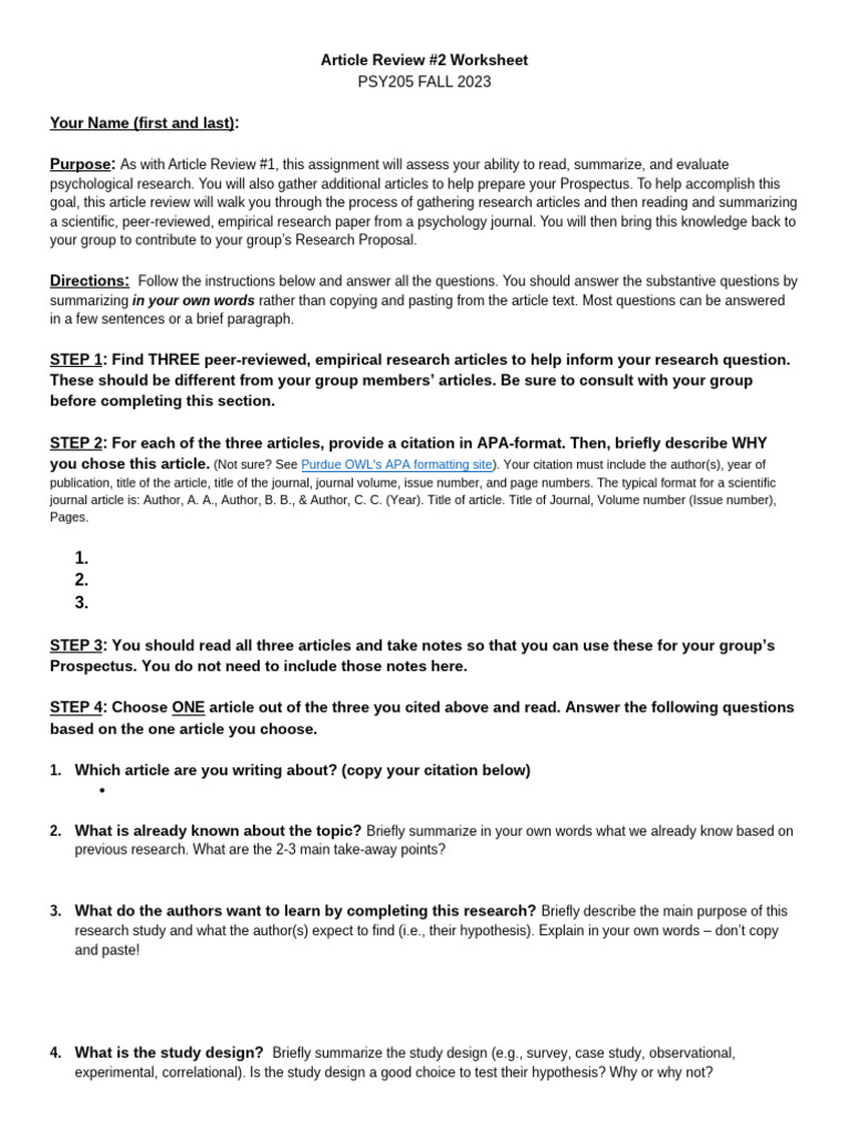 Article Review Worksheet for PSY205 | PDF | Hypothesis | Psychology