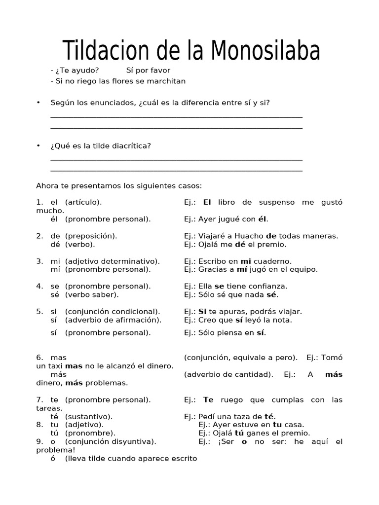 Tilde Diacrítica en Monosílabos | PDF | Pronombre | Gramática