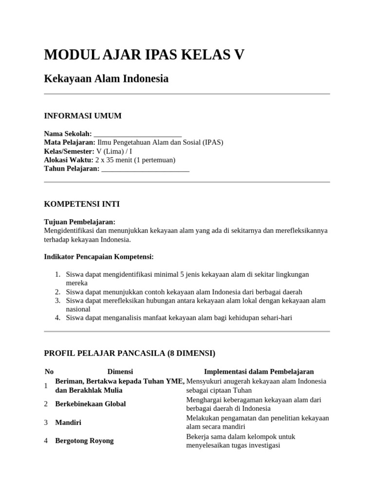 Modul IPAS Kelas V: Kekayaan Alam Indonesia | PDF