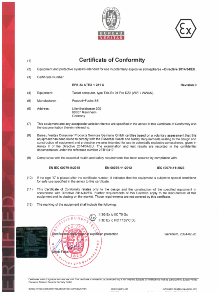 ATEX Certificate Tab-Ex 04 Pro DZ2 CERT-7324 | PDF