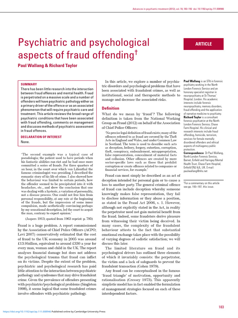 Psychiatric and Psychological Aspects of Fraud Offending | PDF ...