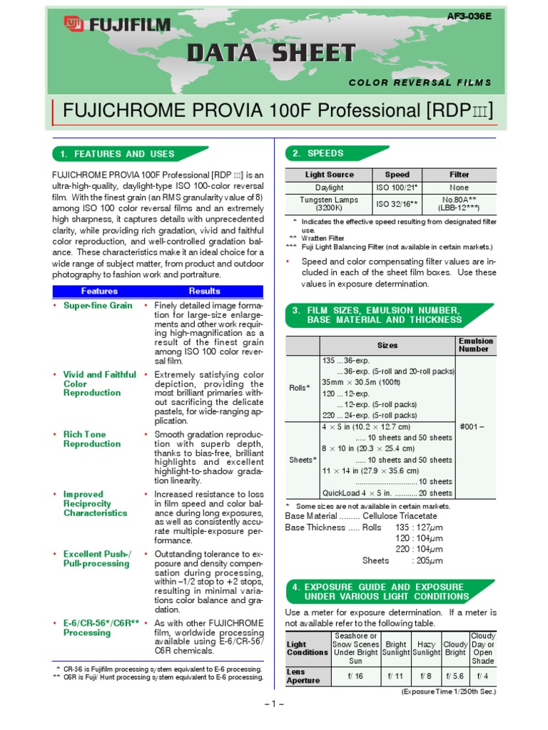Fujichrome Provia 100F Professional Data Sheet | PDF | Exposure ...