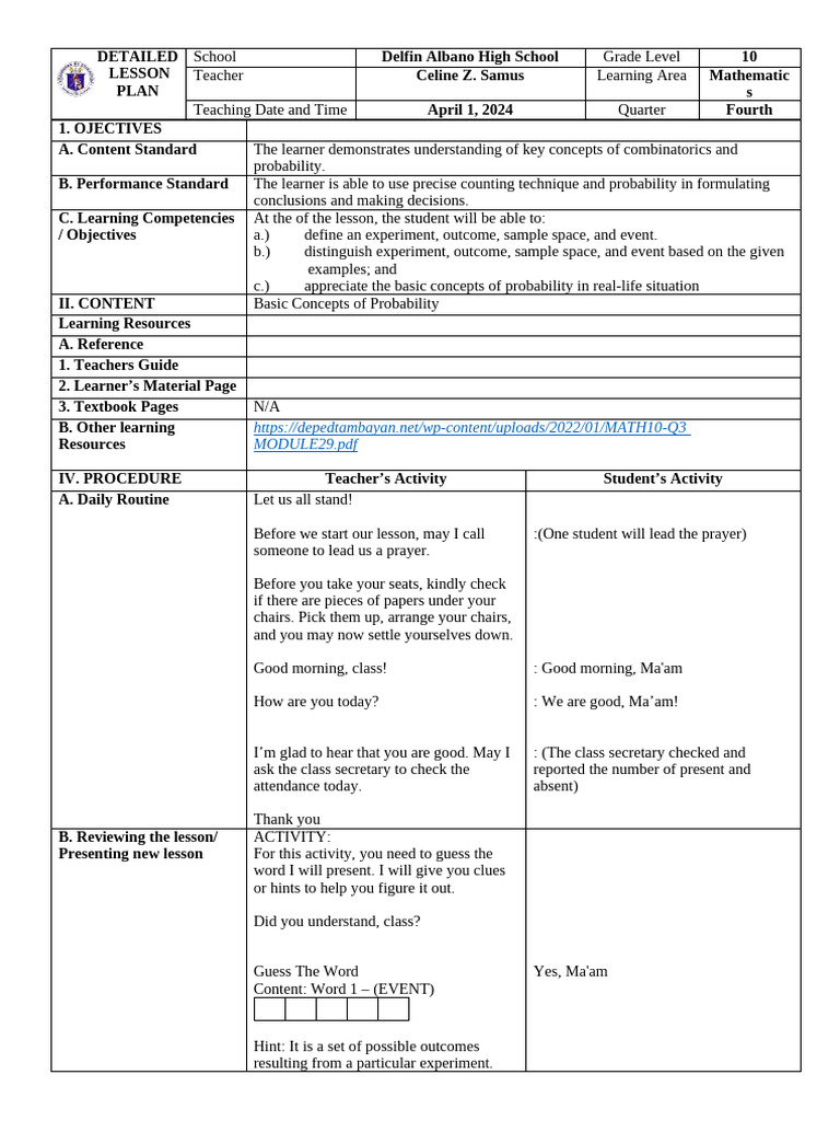 Grade 10 Probability Lesson Plan | PDF | Probability | Learning